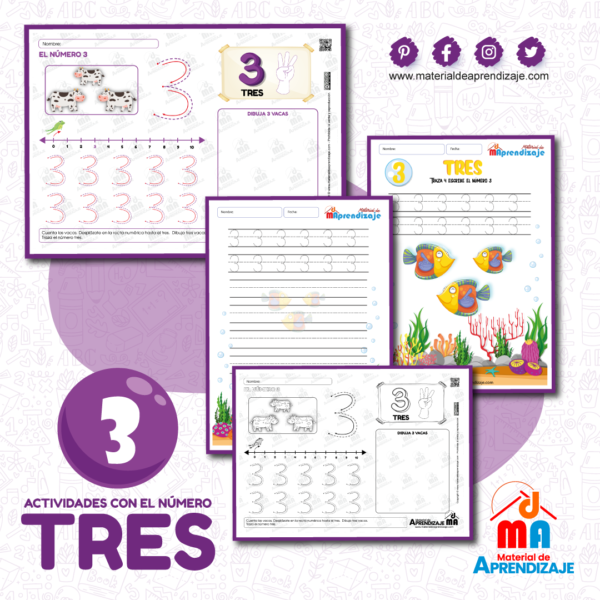 Fichas de aplicación “El número 3” : Material de Aprendizaje