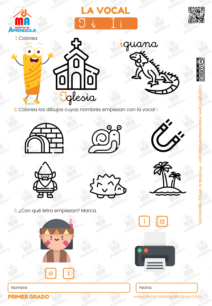 La vocal i: Lecto-escritura - Material de Aprendizaje