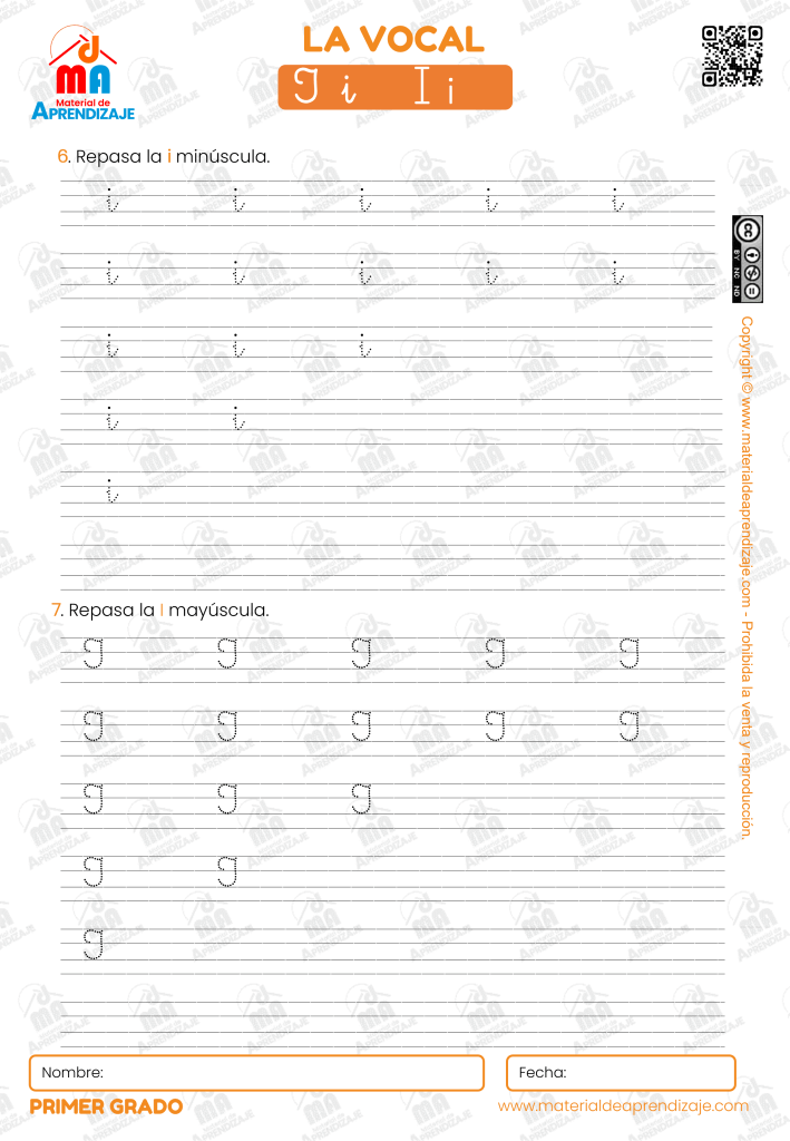 La vocal i: Lecto-escritura - Material de Aprendizaje