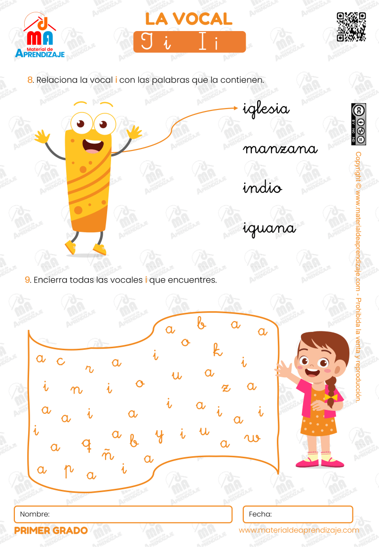 La vocal i: Lecto-escritura - Material de Aprendizaje